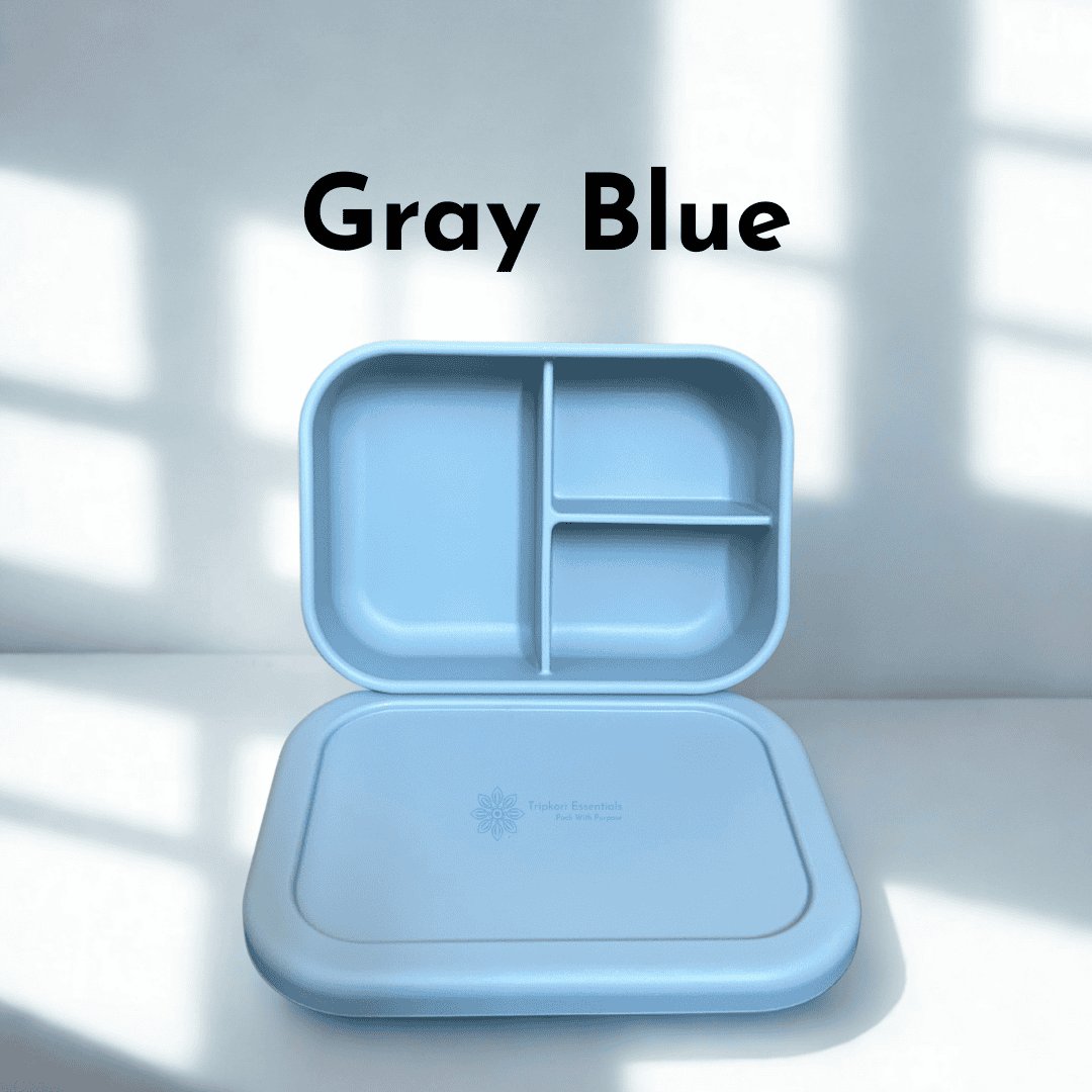 Premium Silicone Lunch Box - 3 compartment Gray-Blue - Tripkori Essentials